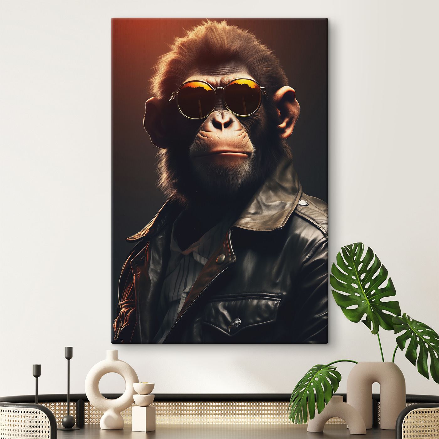 Tablouri O maimuță purtând ochelari de soare și o jachetă de piele ...